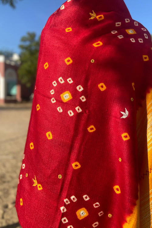 Double shade Hand Embroidered mirror and katchi work bhandhej woollen ...